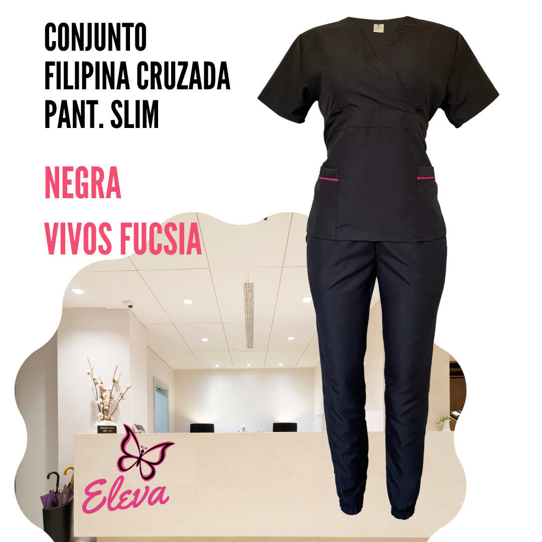 CONJUNTO FILIPINA CRUZADA - NEGRA VIVOS FUCSIA| PANT. SLIM – ELEVA