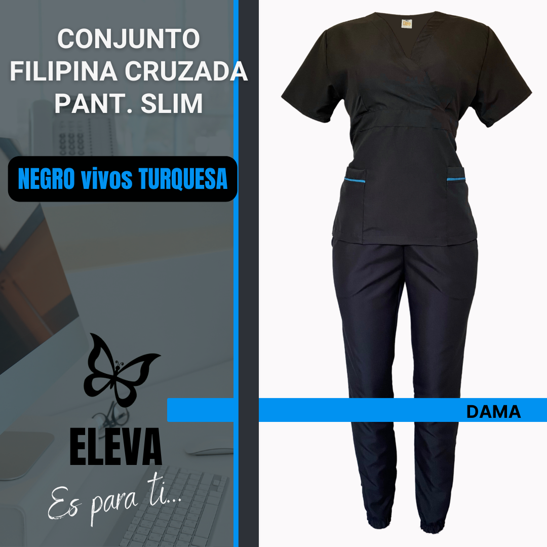 CONJUNTO FILIPINA CRUZADA - NEGRA VIVOS TURQUESA | PANT. SLIM – ELEVA